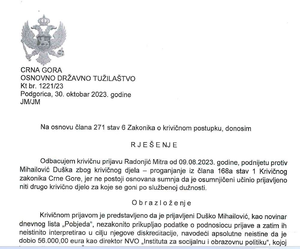 ODT odbacilo Radonjićevu prijavu za „proganjanje“ protiv Mihailovića