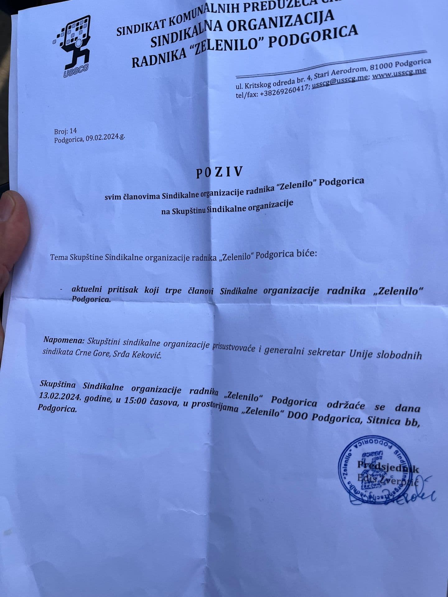 Direktor “Zelenila” zabranio Kekoviću da prisustvuje sastanku Sindikata ...