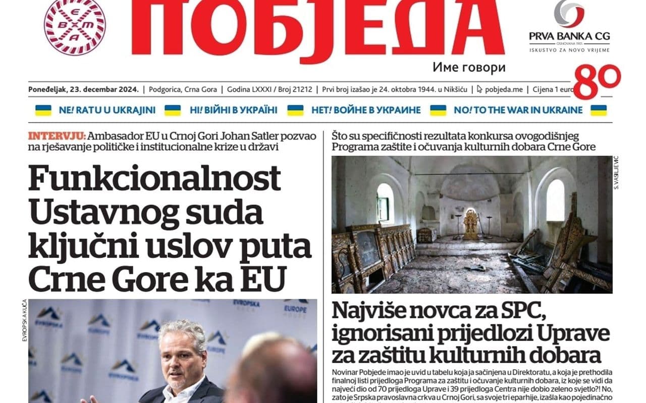 Naslovnica "Pobjede" 23. decembar 2024. - Pobjeda