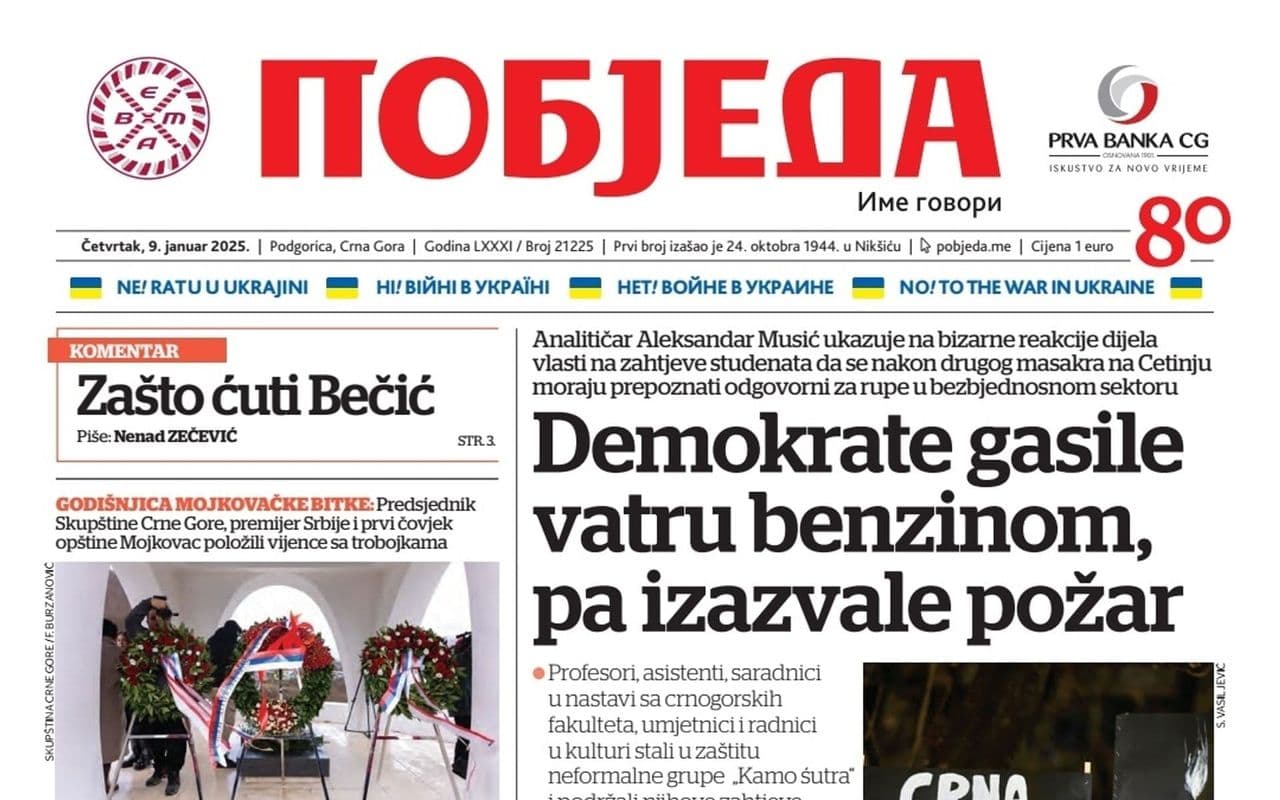 Naslovnica Pobjede 9. januar 2025. godine - Pobjeda