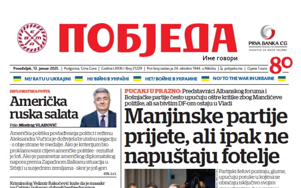 Naslovnica „Pobjede" za 13. januar 2025. - Pobjeda