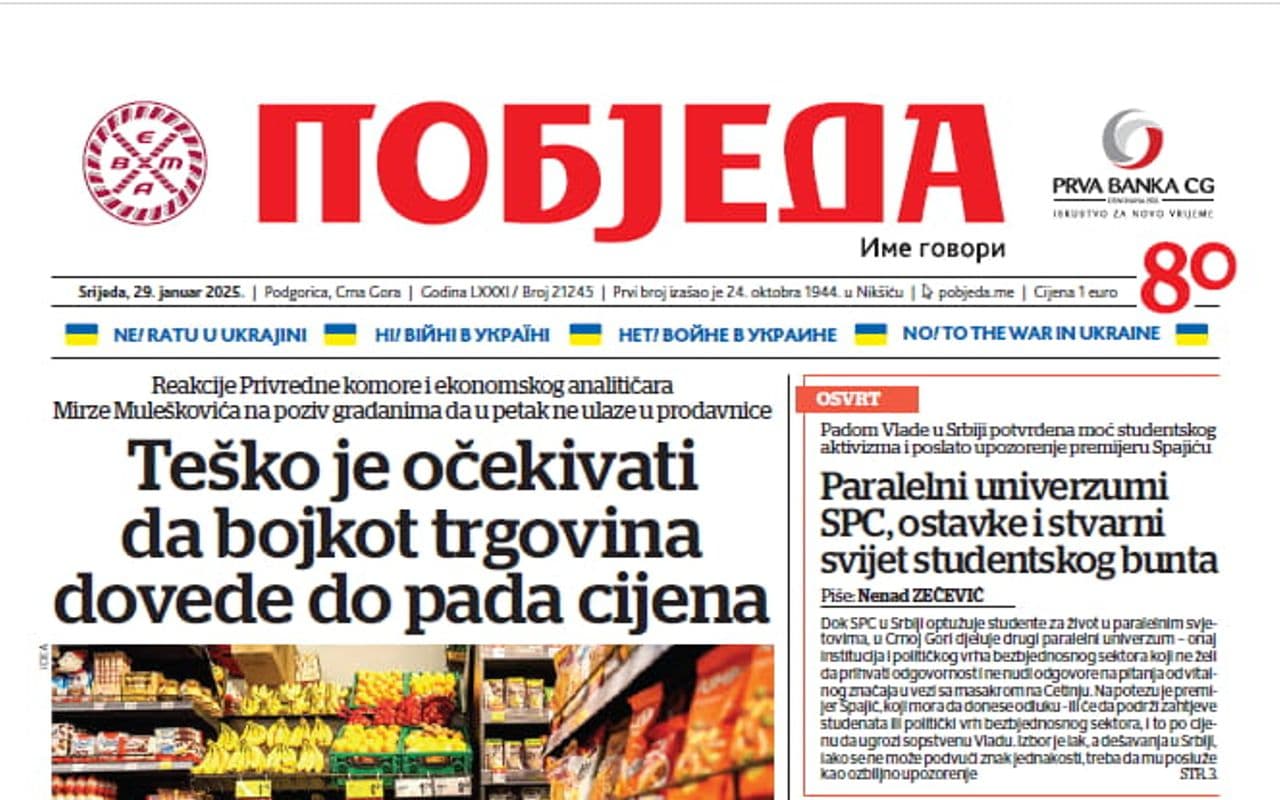 Naslovnica „Pobjede" za 29. januar 2025. - Pobjeda