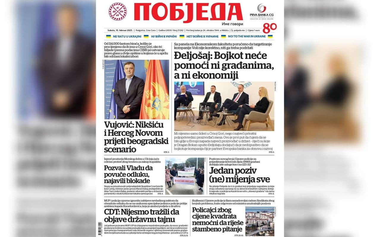 Naslovnica "Pobjede" 15. februar 2025. - Pobjeda