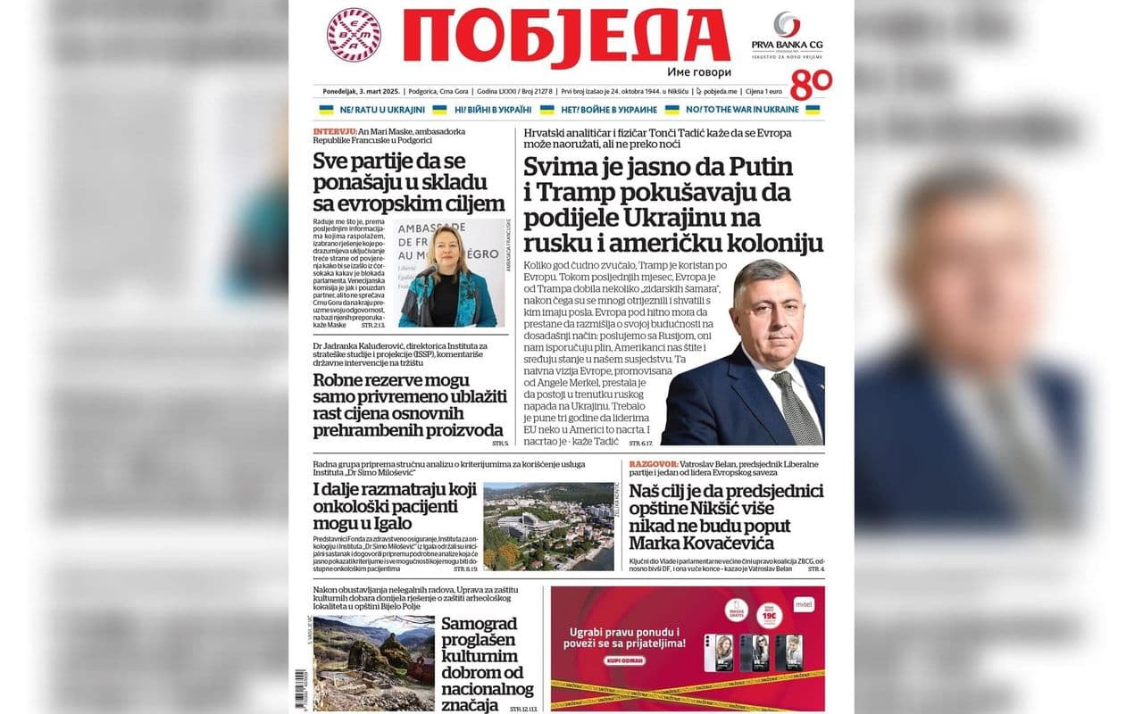 Naslovnica "Pobjede" za 3. mart 2025. - Pobjeda
