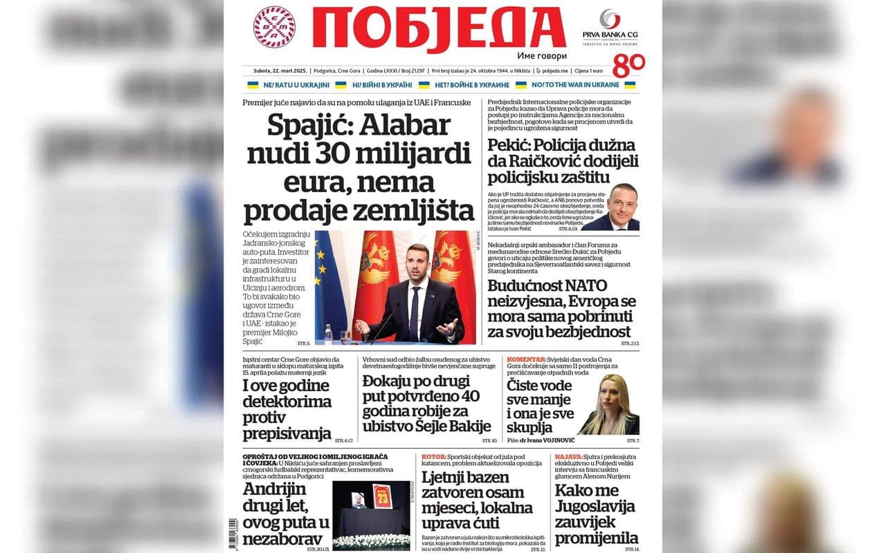 Naslovnica "Pobjede" 22. mart 2025. - Pobjeda