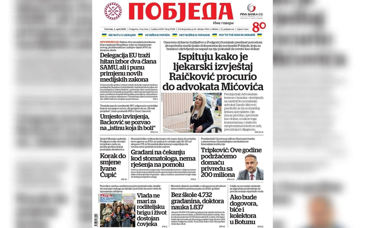 Naslovnica "Pobjede" 3. april 2025. - Pobjeda