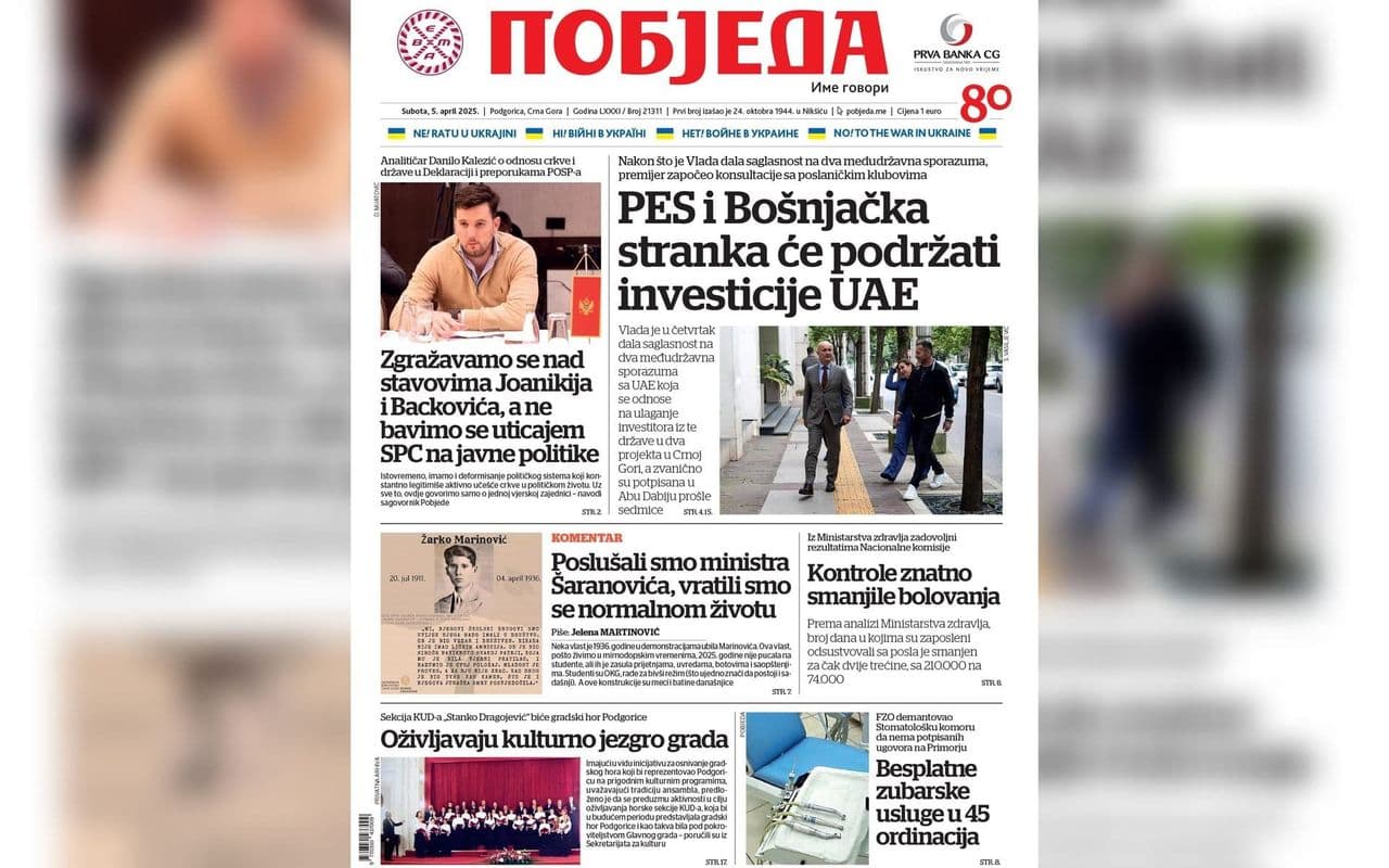 Naslovnica "Pobjede" 5. april 2025. - Pobjeda