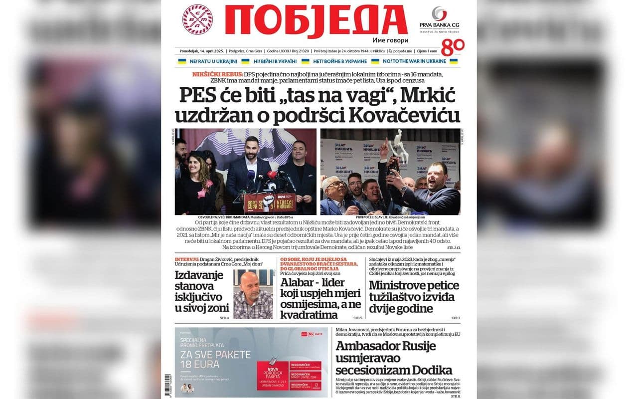 Naslovnica "Pobjede" 14. april 2025. - Pobjeda