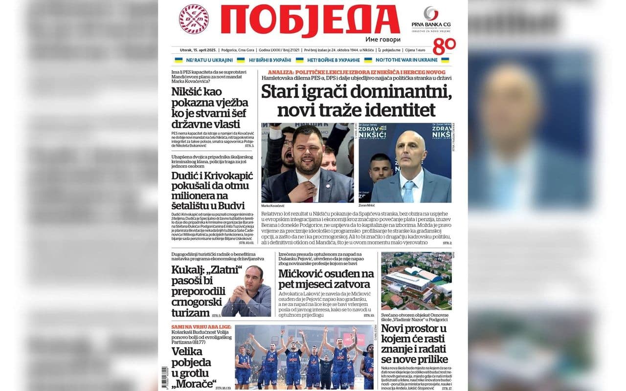 Naslovnica "Pobjede" 15. april 2025. - Pobjeda