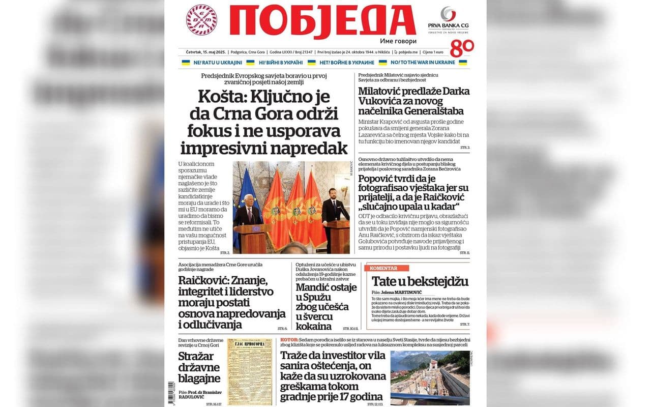 Naslovnica "Pobjede" 15. maj 2025. - Pobjeda