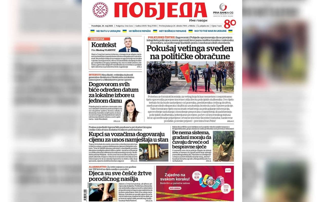 Naslovnica "Pobjede" 26. maj 2025. - Pobjeda