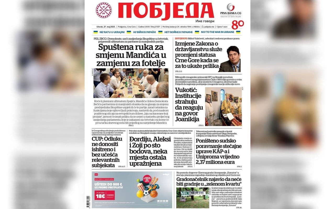 Naslovnica "Pobjede" 27. maj 2025. - Pobjeda