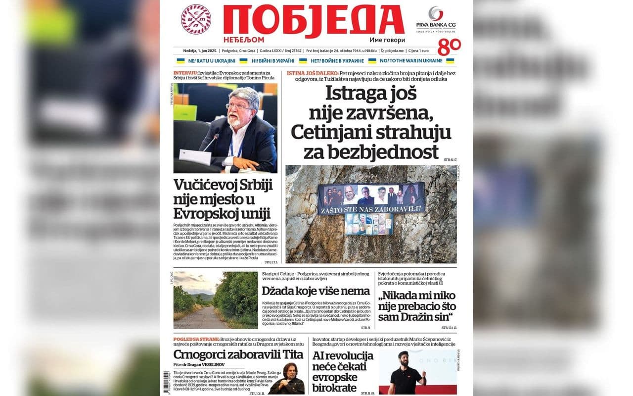 Naslovnica "Pobjede" 1. jun 2025. - Pobjeda