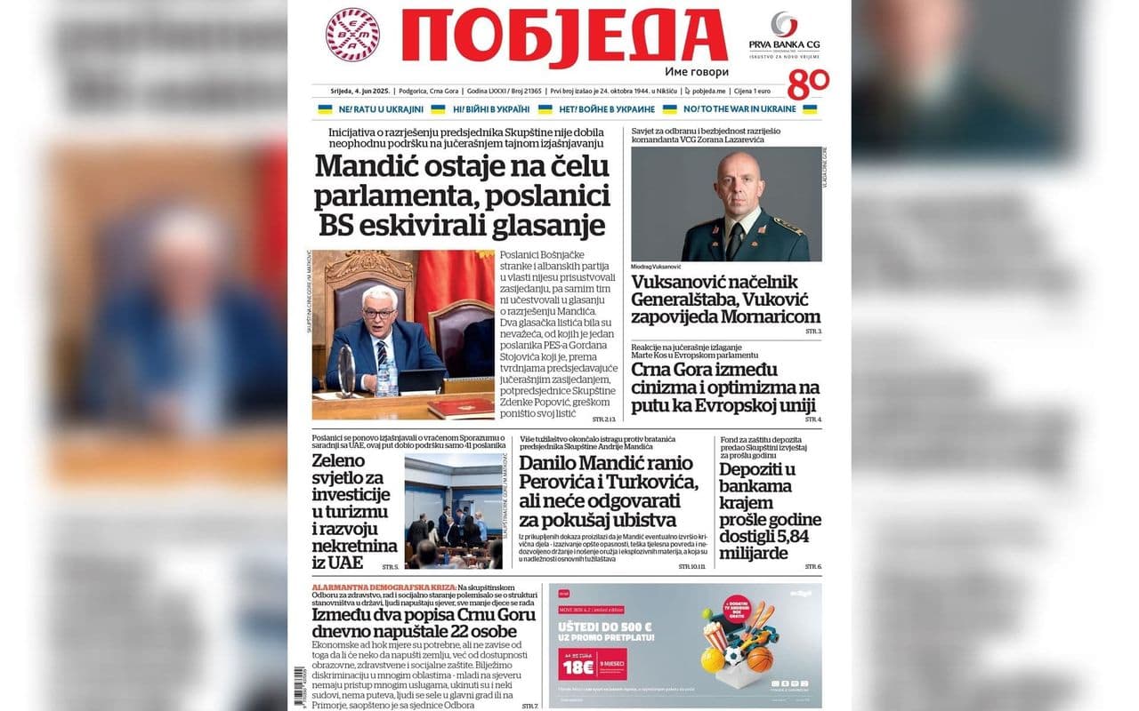 Naslovnica "Pobjede" 4. jun 2025. - Pobjeda