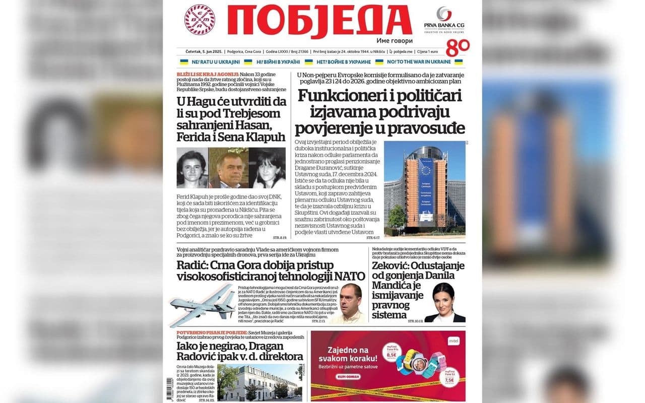 Naslovnica "Pobjede" 5. jun 2024. - Pobjeda