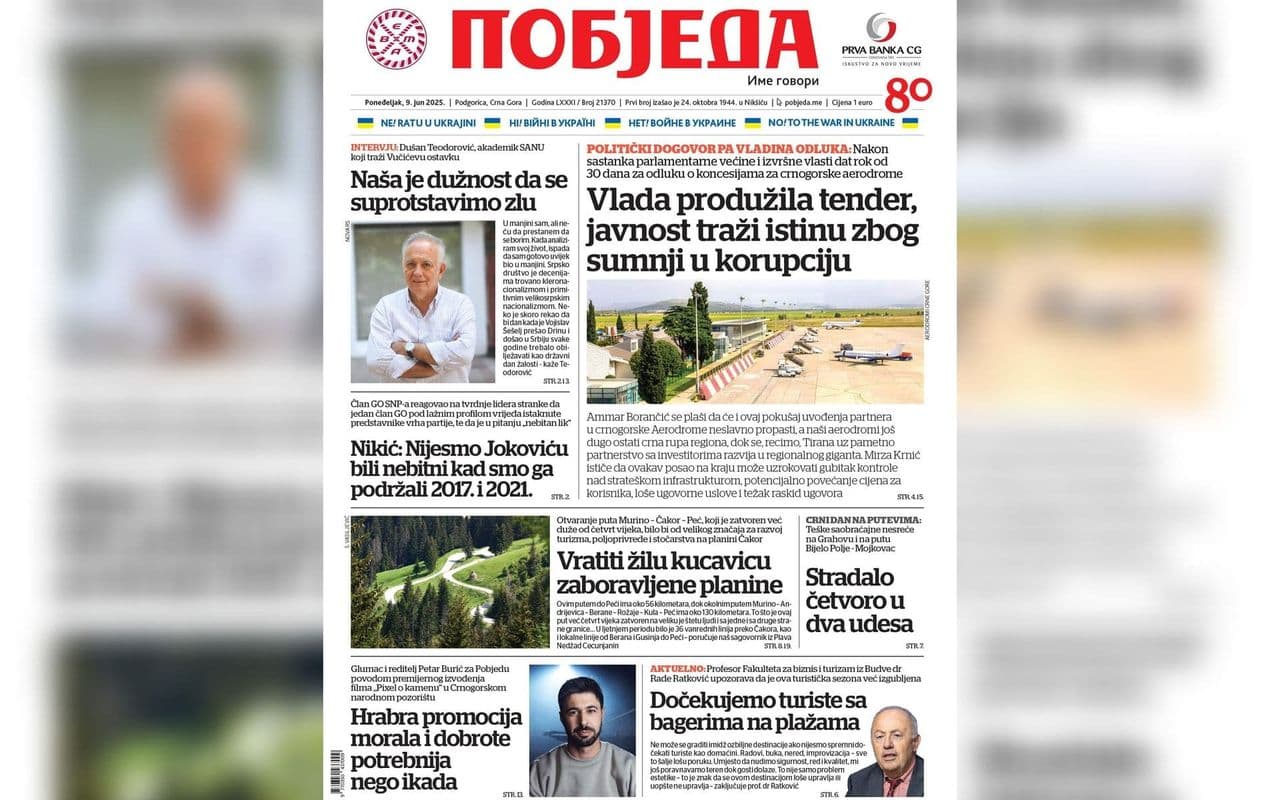 Naslovnica "Pobjede" 9. jun 2025. - Pobjeda