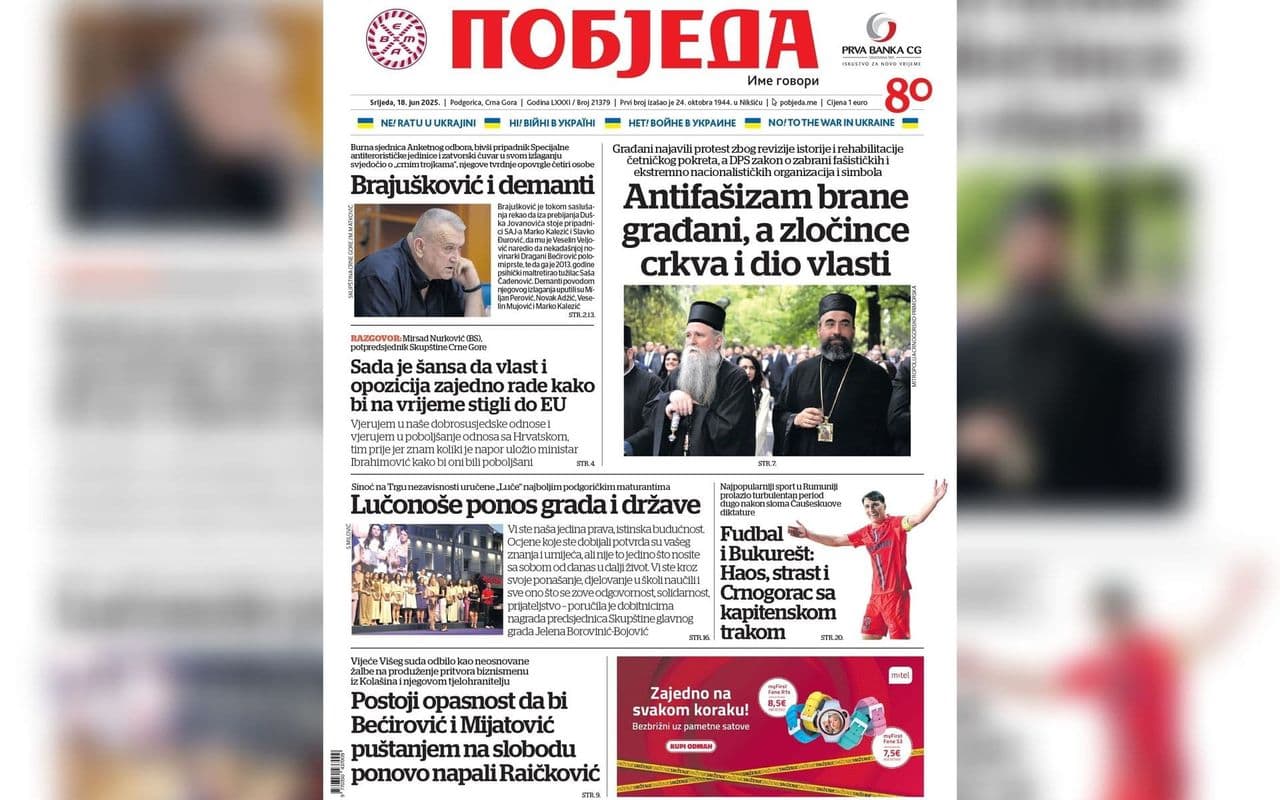 Naslovnica "Pobjede" 18. jun 2025. - Pobjeda