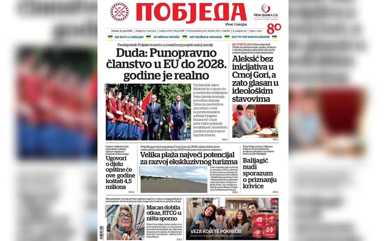 Naslovnica "Pobjede" 24. jun 2025. - Pobjeda