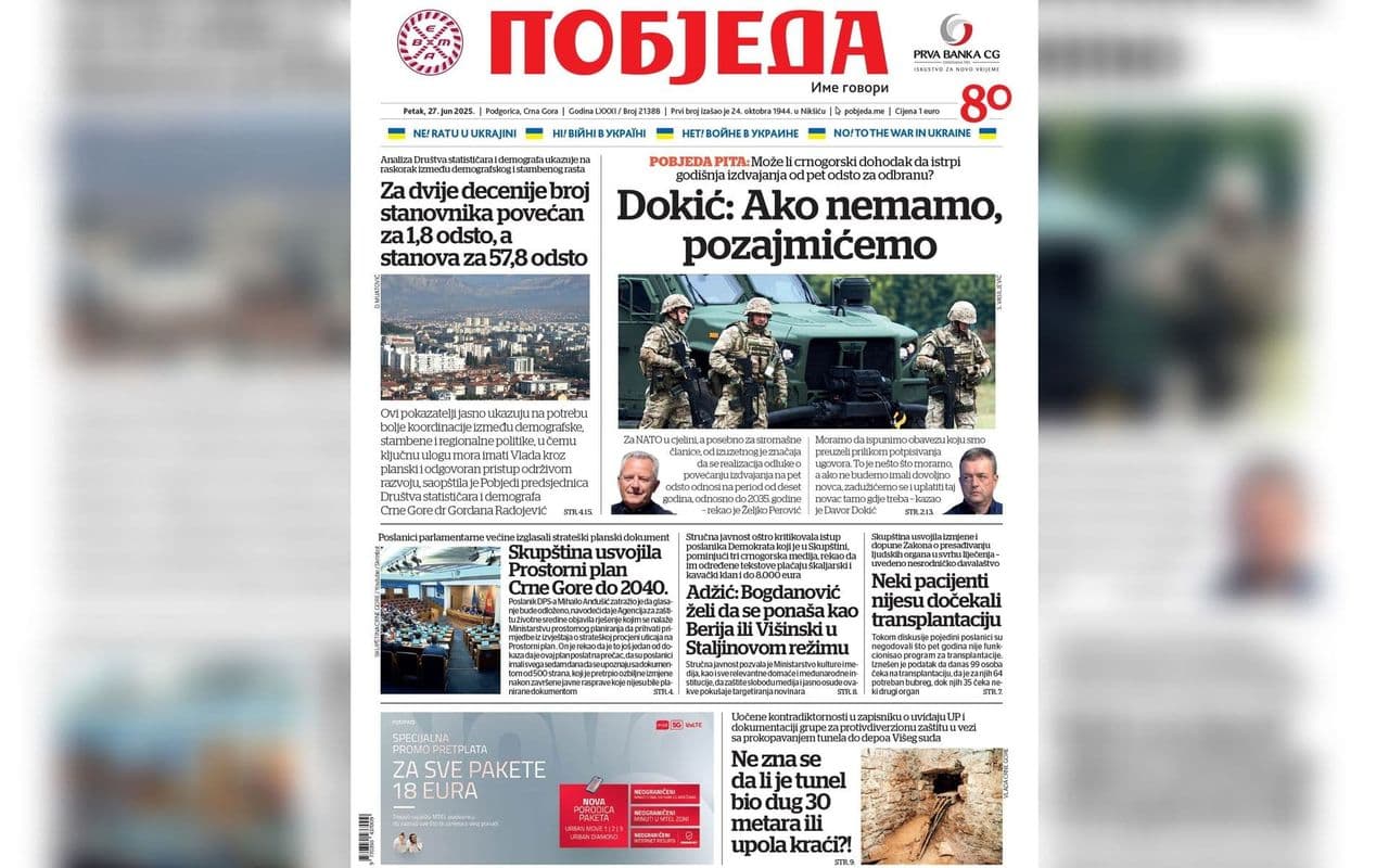 Naslovnica "Pobjede" 27. jun 2025. - Pobjeda
