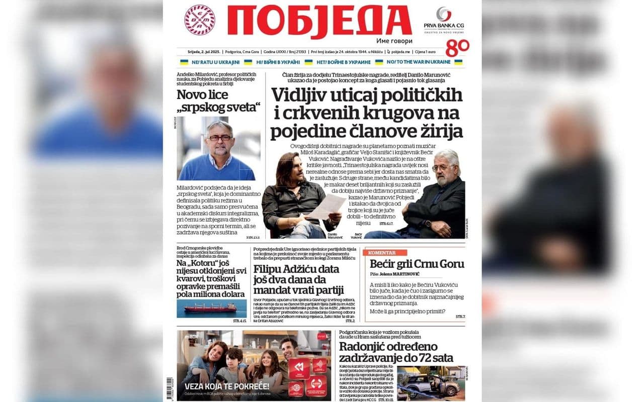 Naslovnica "Pobjede" 2. jul 2025. - Pobjeda