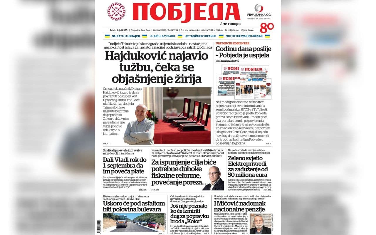 Naslovnica "Pobjede" 4. jul 2025. - Pobjeda