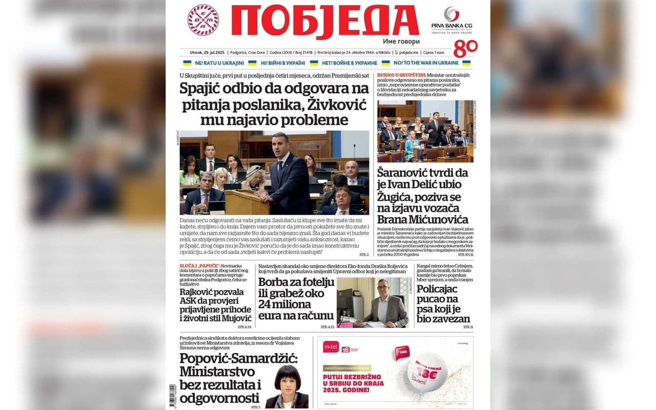 Naslovnica "Pobjede" 29. jul 2025. - Pobjeda