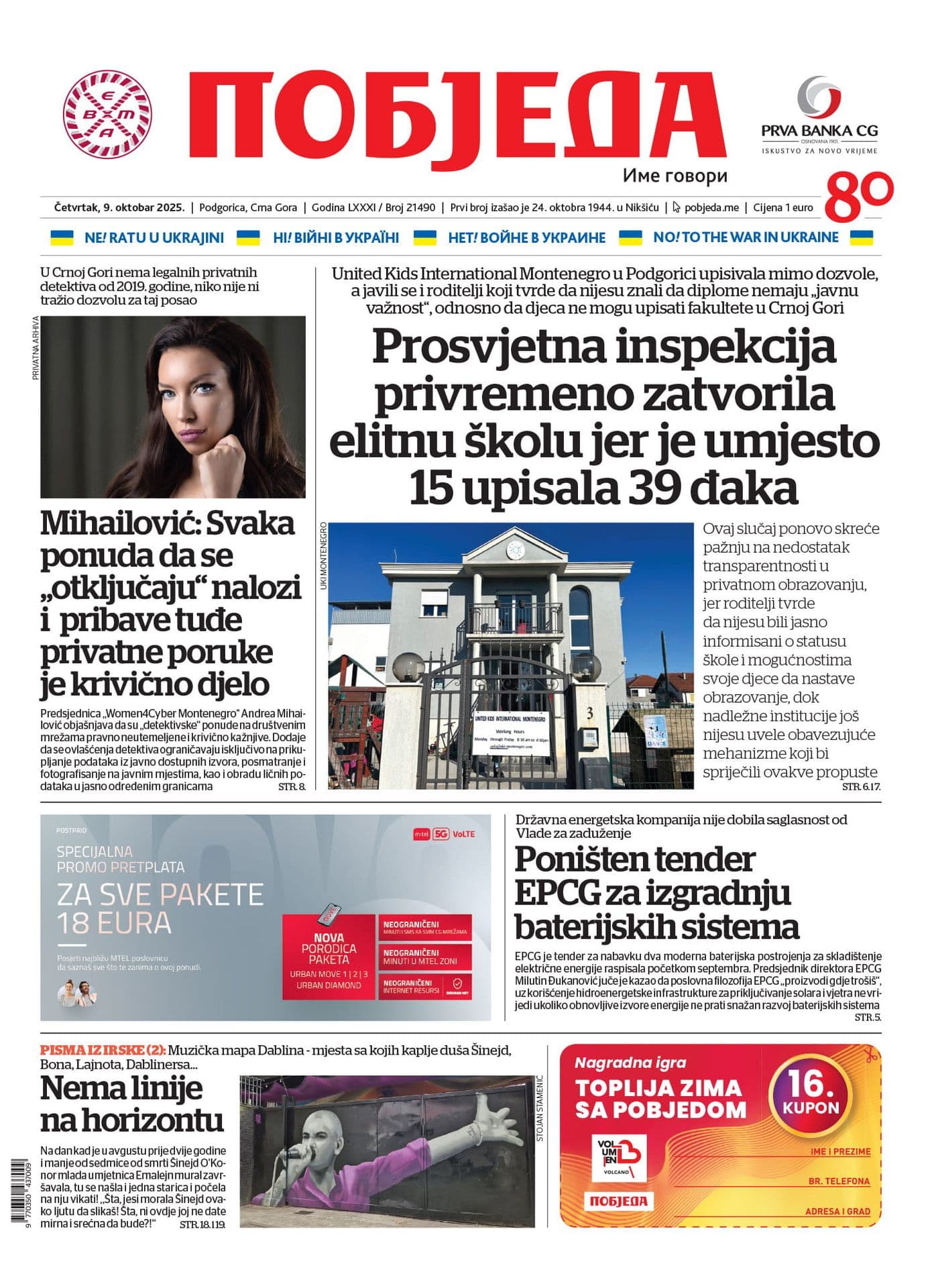 Naslovnica "Pobjede" 9. oktobar 2025. - Pobjeda