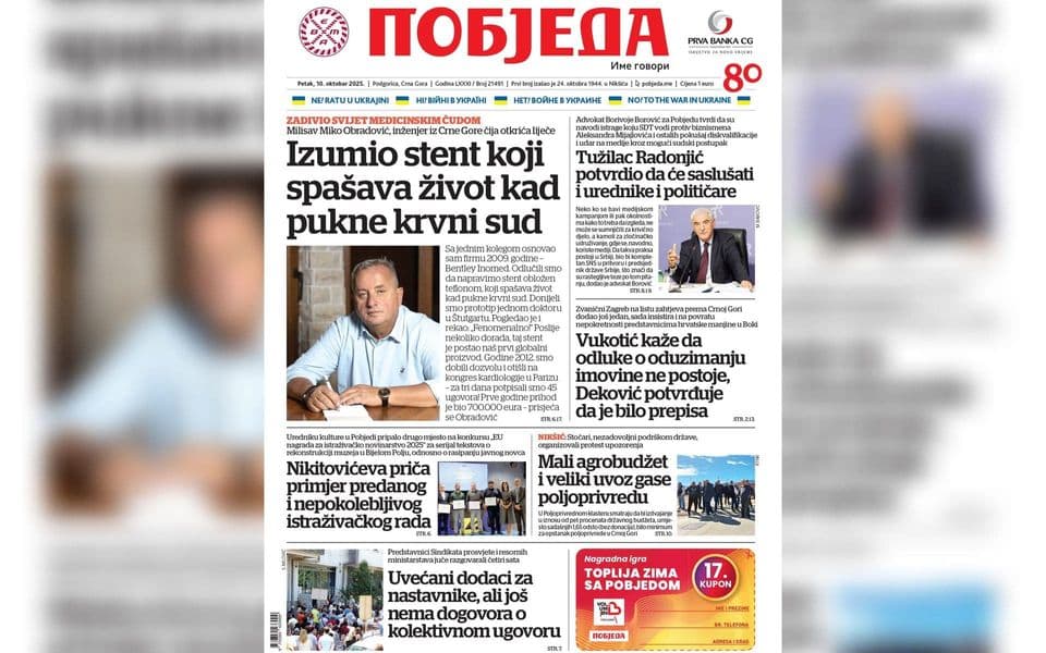 Naslovnica "Pobjede" 10. oktobar 2025. - Pobjeda