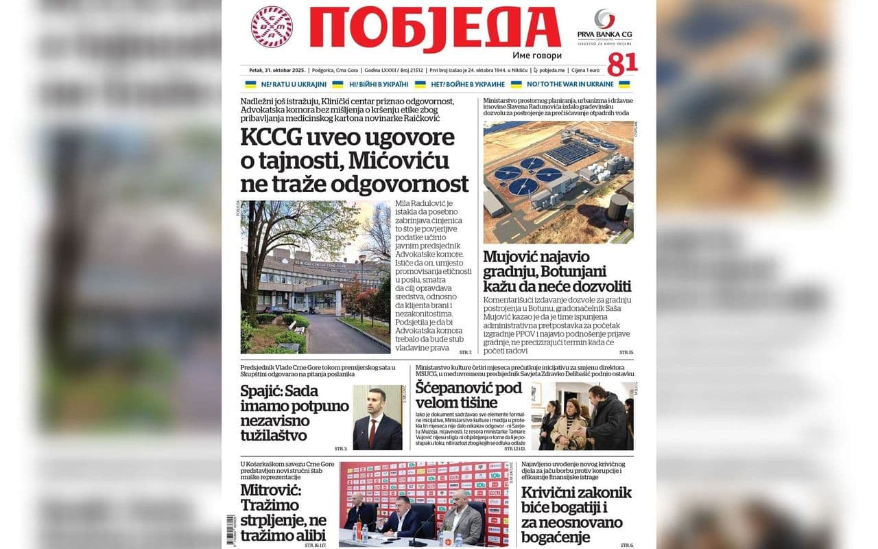 Naslovnica "Pobjede" 31. oktobar 2025. - Pobjeda