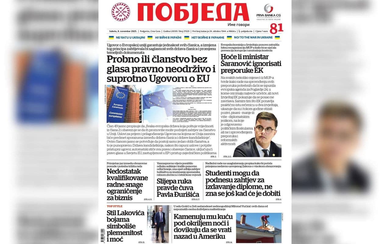 Naslovnica "Pobjede" 8. novembar 2025 - Pobjeda