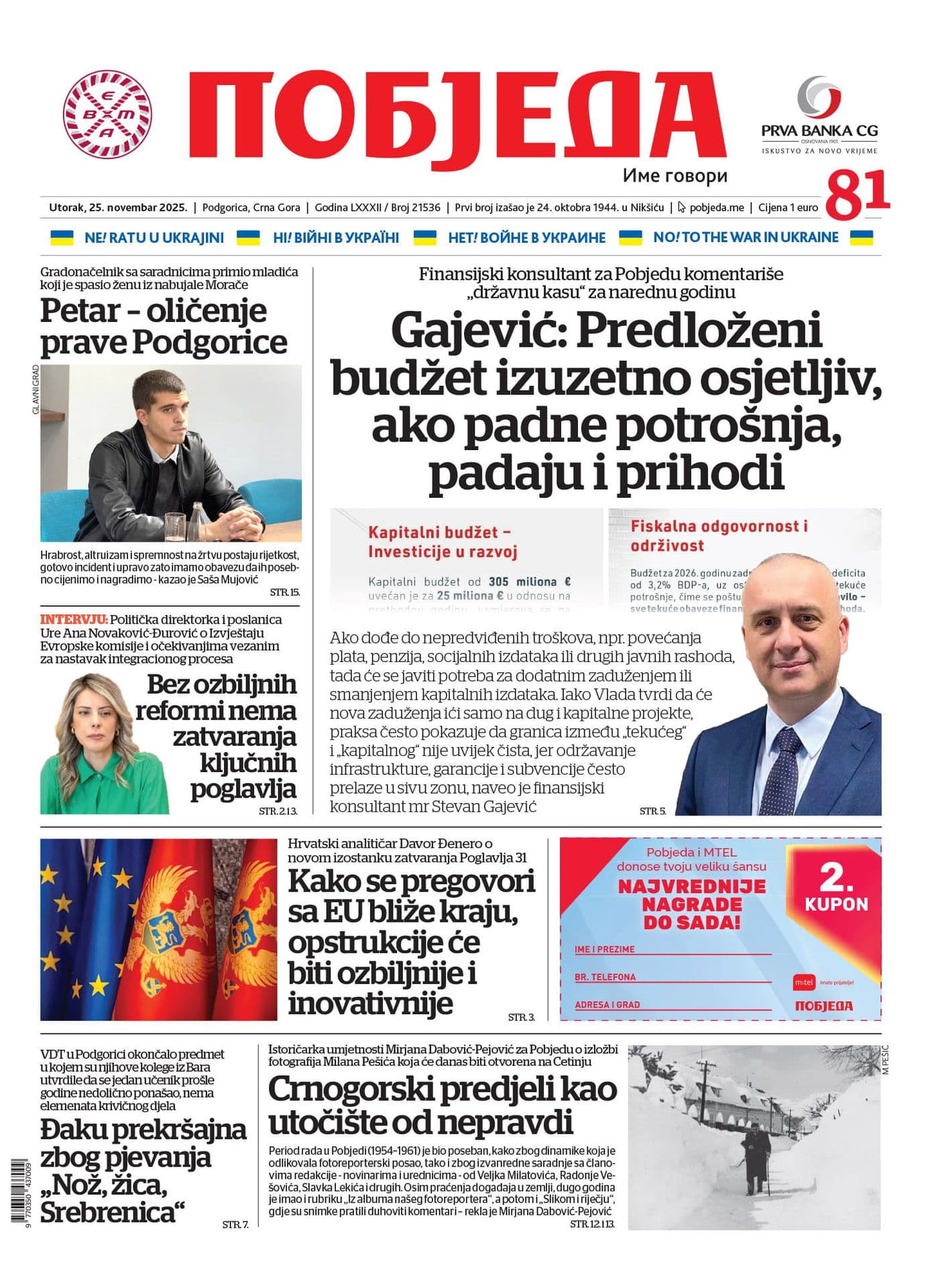 Naslovnica "Pobjede" 25. novembar 2025. - Pobjeda