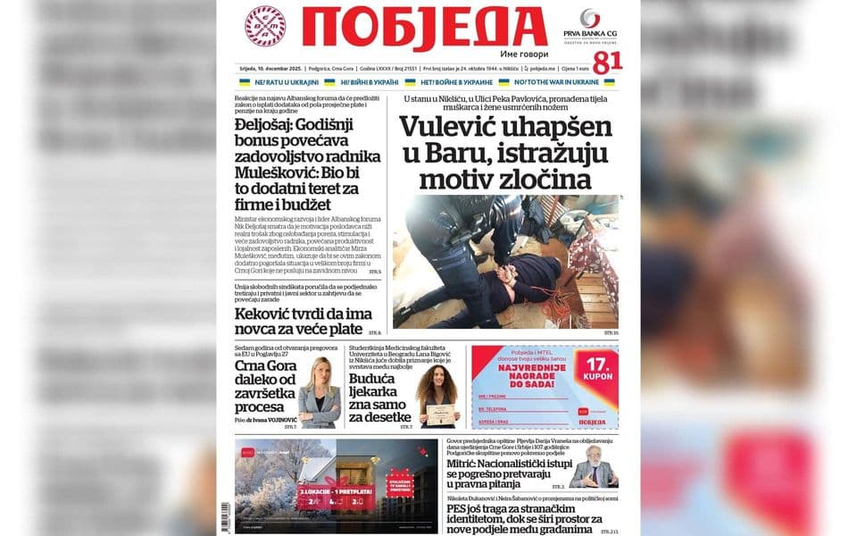 Naslovnica "Pobjede" 10. decembar 2025. - Pobjeda