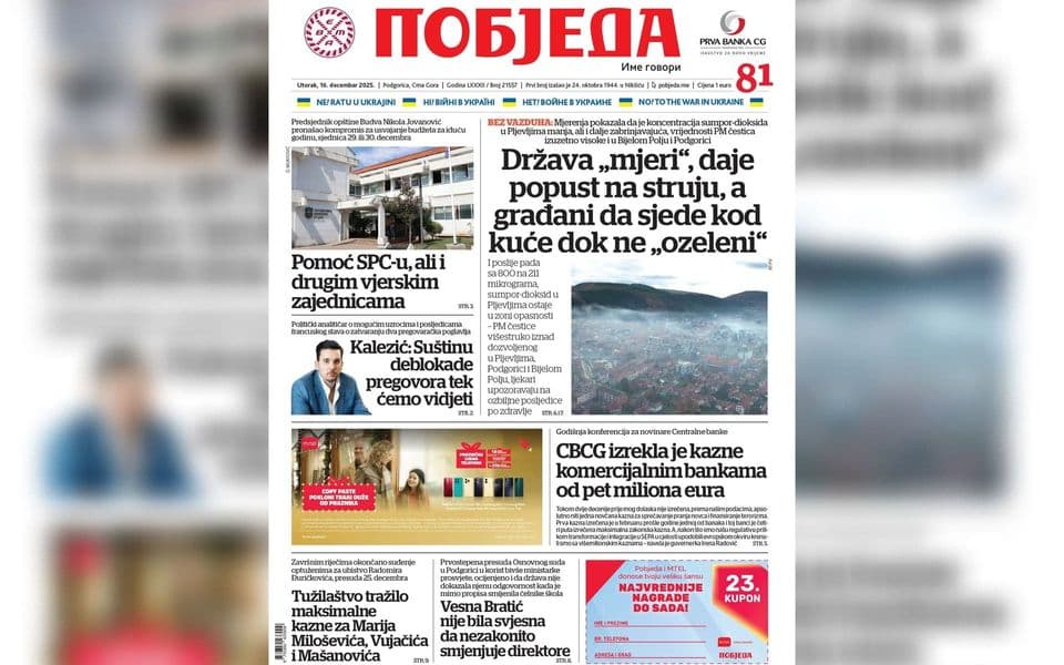 Naslovnica "Pobjede" 16. decembar 2025. - Pobjeda
