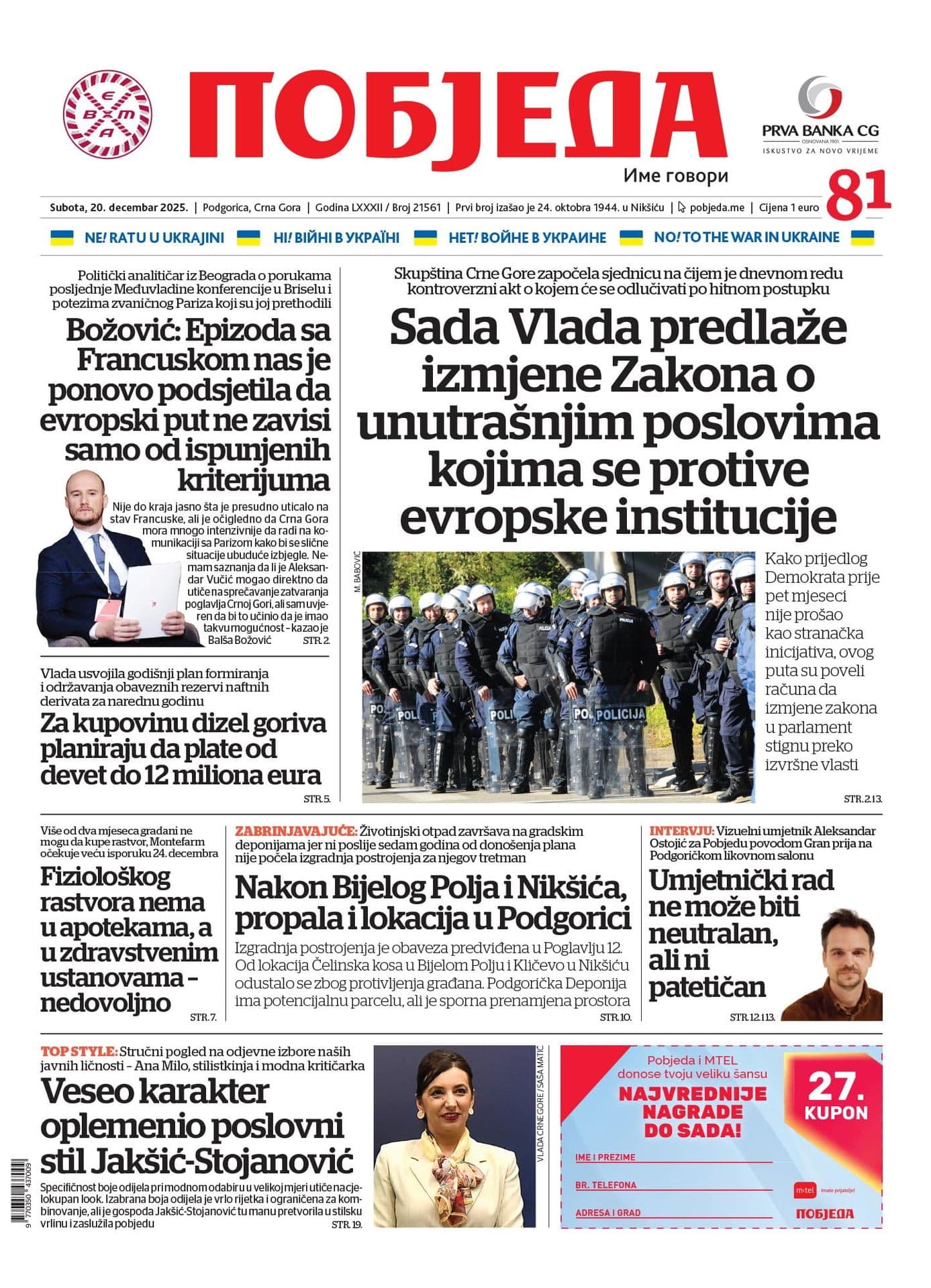 Naslovnica "Pobjede" 20. decembar 2025. - Pobjeda
