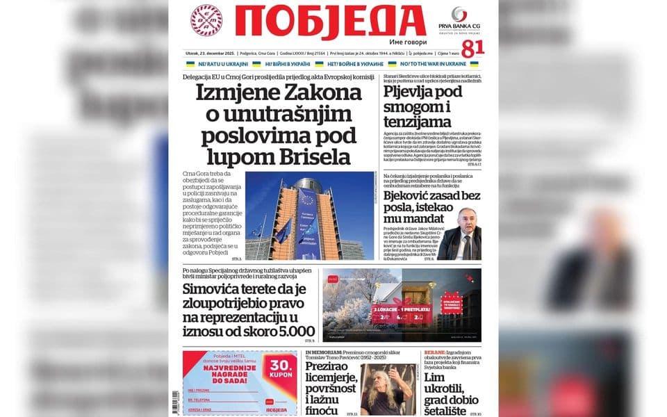 Naslovnica "Pobjede" 23. decembar 2025. - Pobjeda