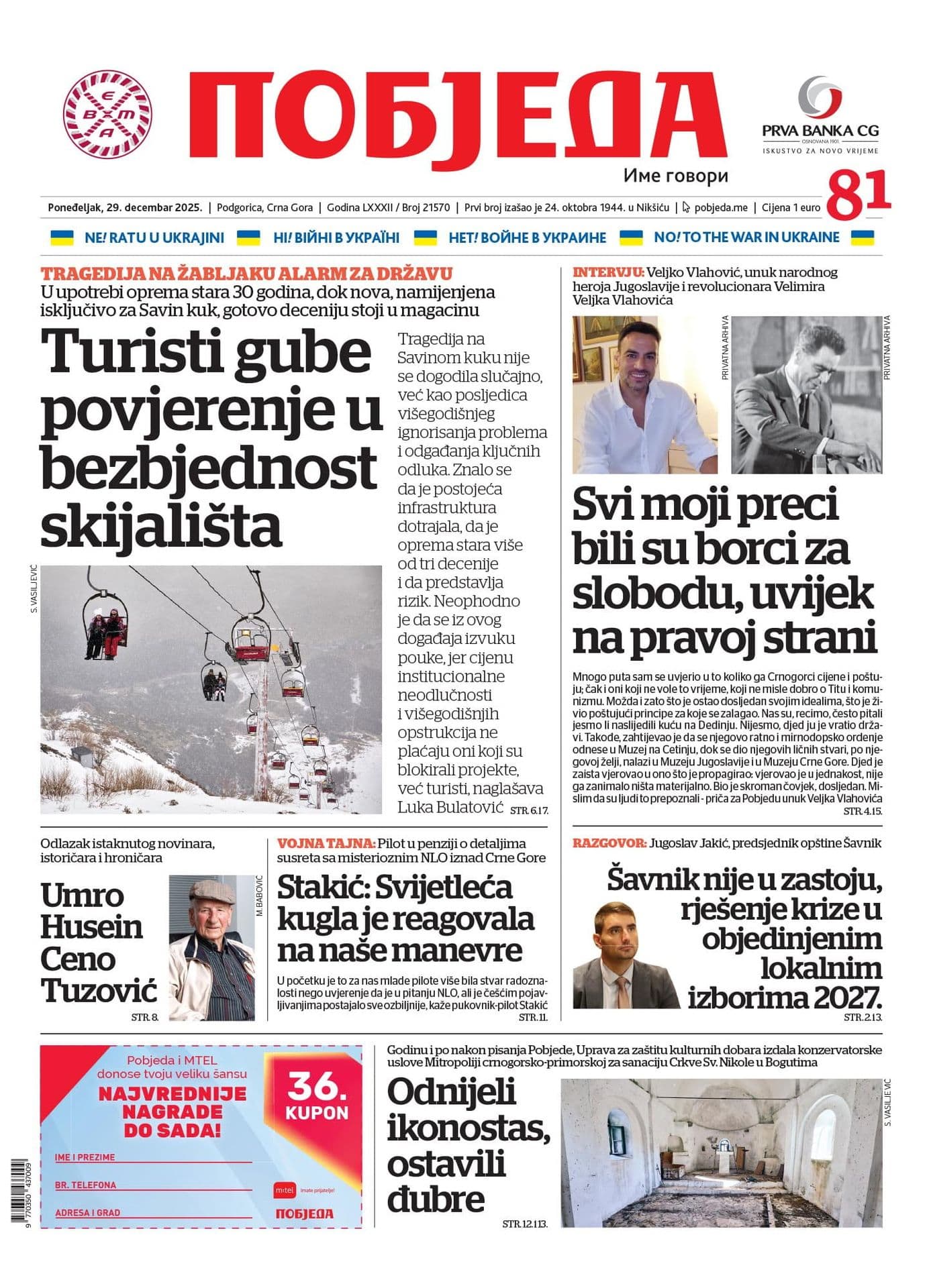 Naslovnica "Pobjede" 29. decembar 2025. - Pobjeda