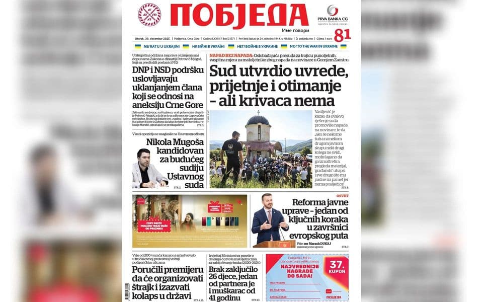 Naslovnica "Pobjede" 30. decembar 2025. - Pobjeda