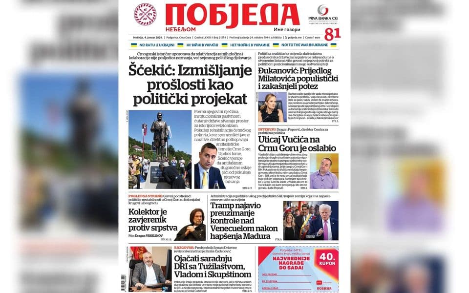 Naslovnica "Pobjede" 4. januar 2026. - Pobjeda