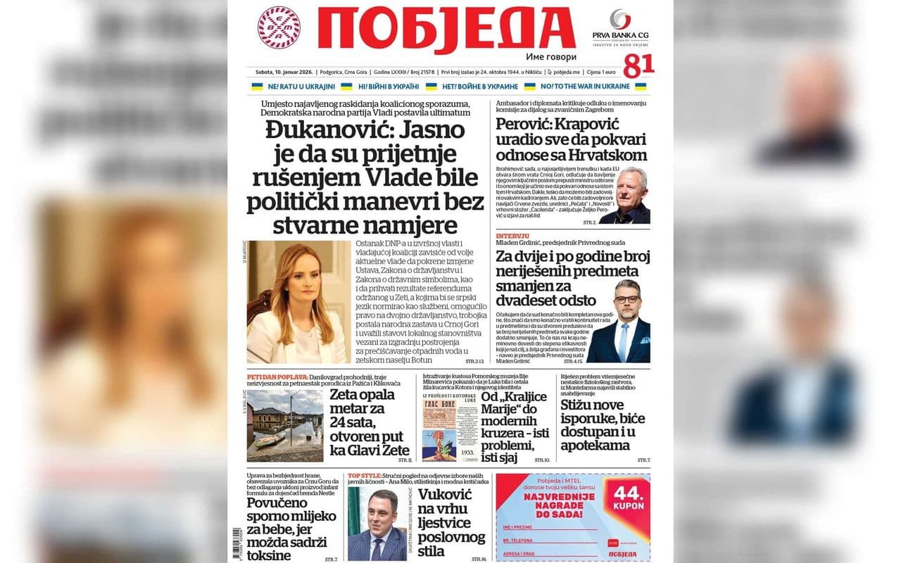 Naslovnica "Pobjede" 9. januar 2026. - Pobjeda