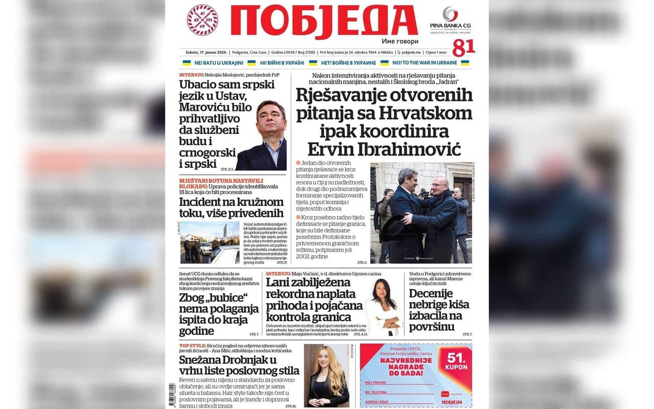 Naslovnica "Pobjede" 17. januar 2026. - Pobjeda