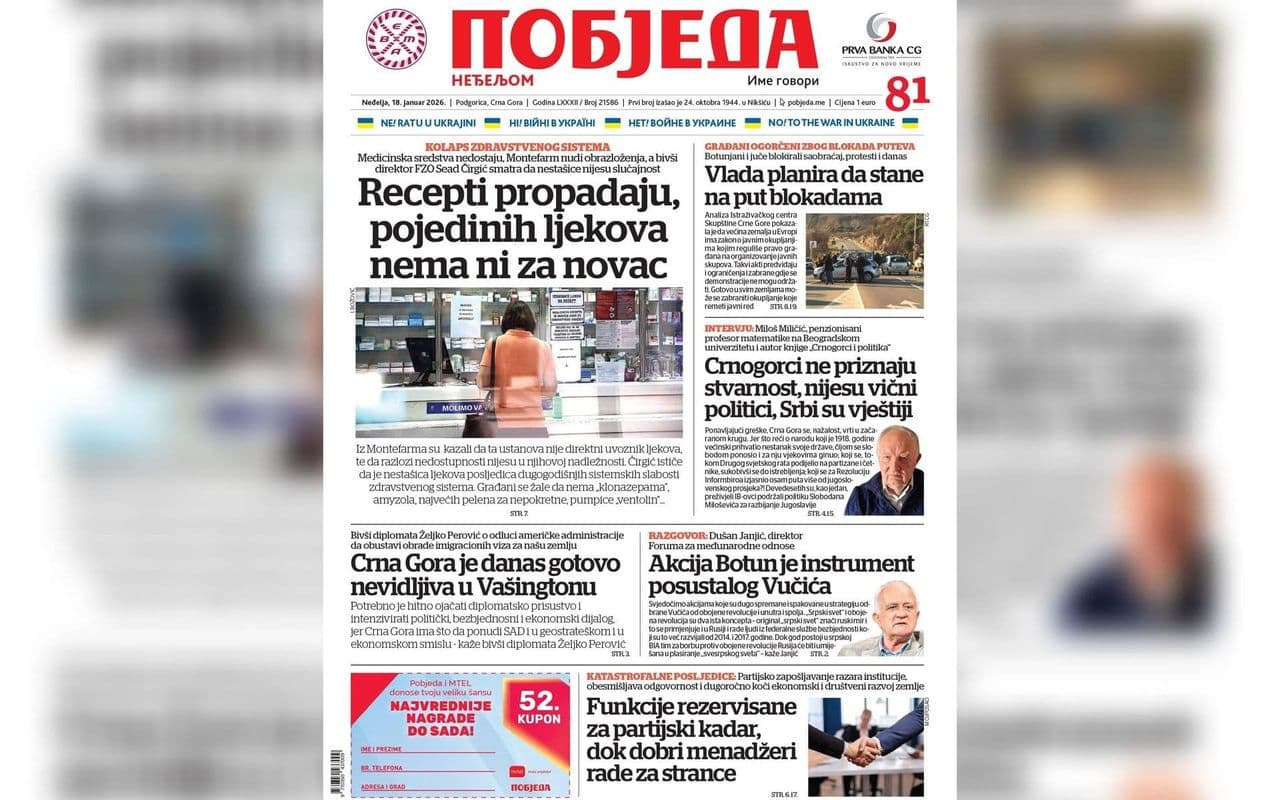 Naslovnica "Pobjede" 18. januar 2026. - Pobjeda