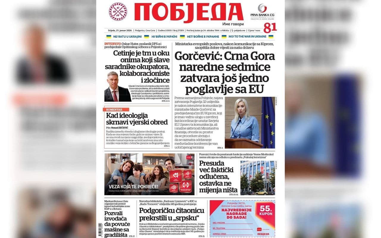 Naslovnica "Pobjede" 21. januar 2026. - Pobjeda