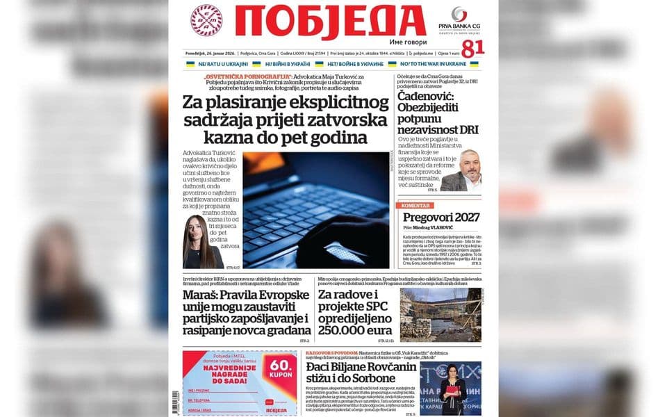 Naslovnica "Pobjede" 26. januar 2026. - Pobjeda