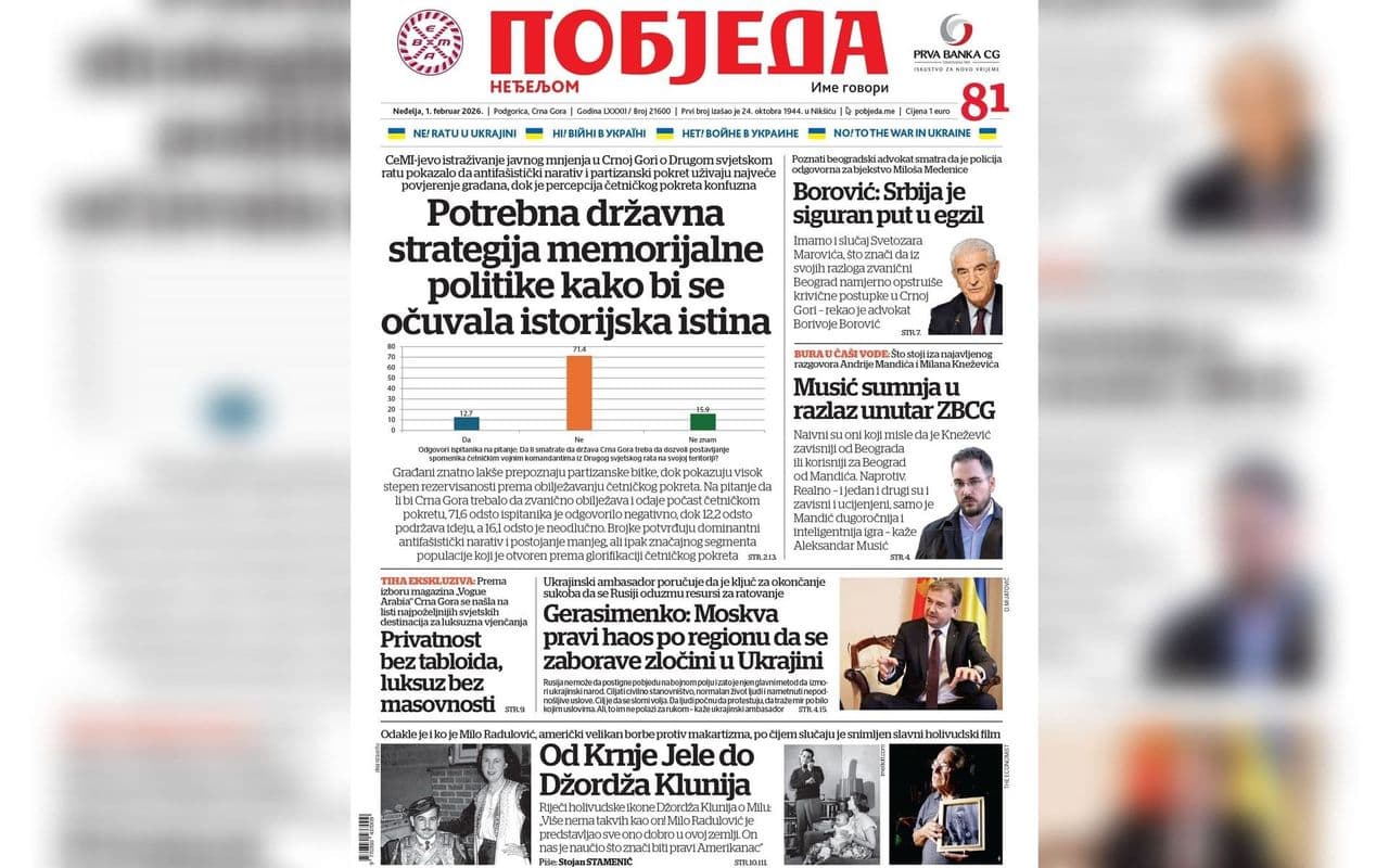 Naslovnica "Pobjede" 1. februar 2026. - Pobjeda