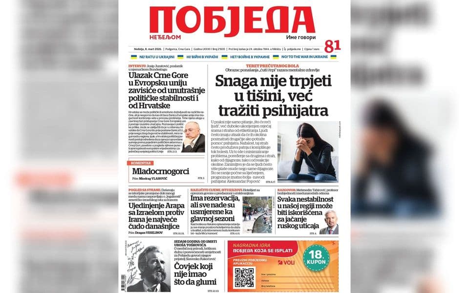 Naslovnica "Pobjede" 8. mart 2026. - Pobjeda