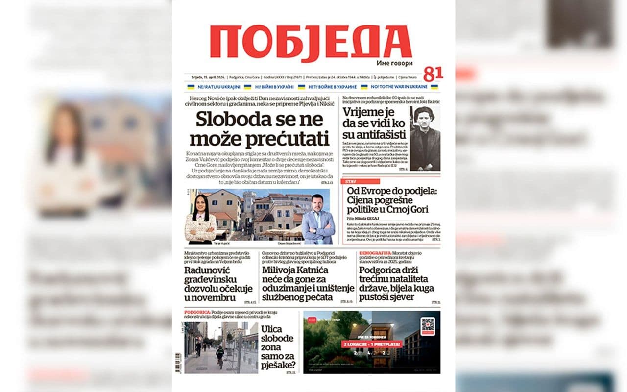 Naslovnica "Pobjede" 15. april 2026. - Pobjeda